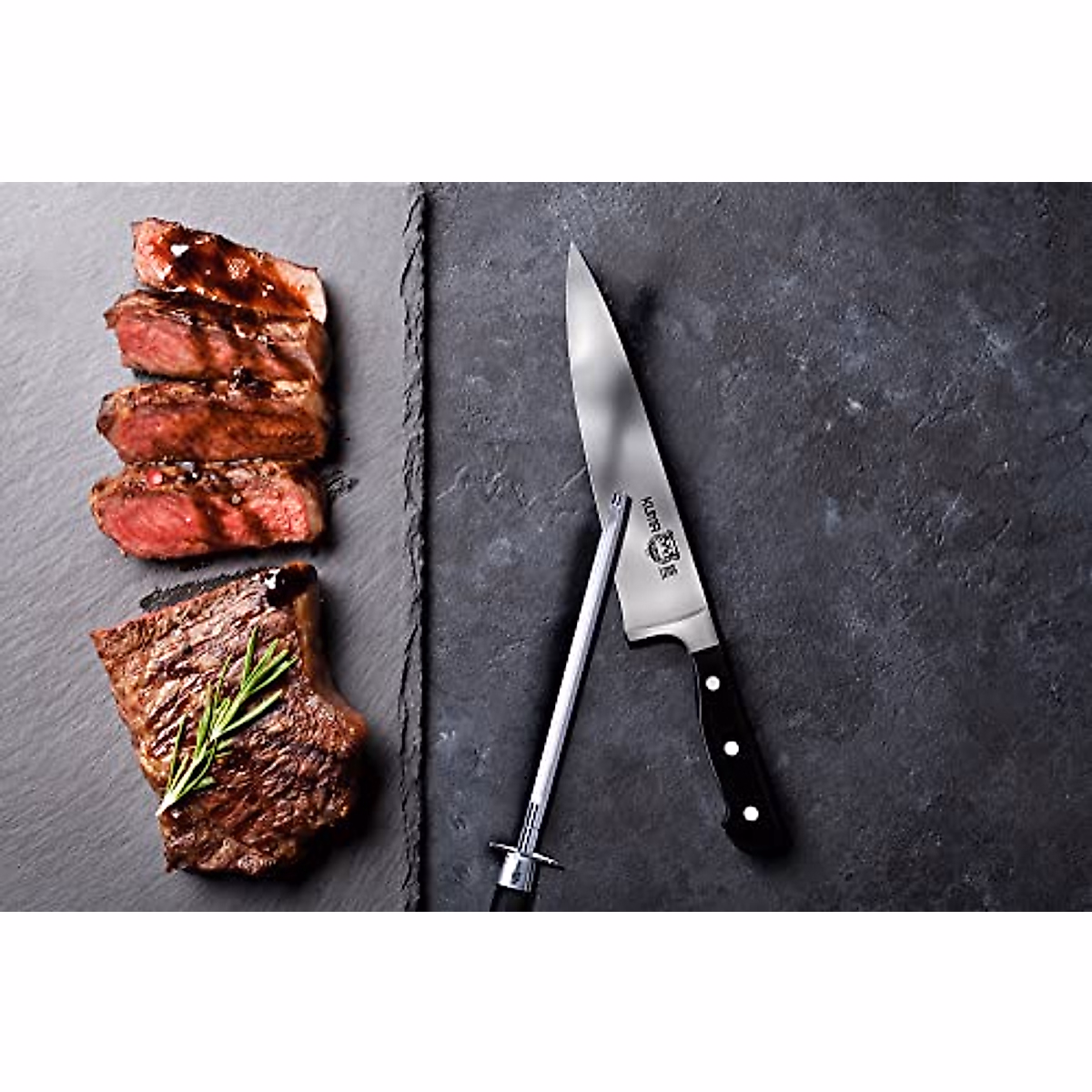 KUMA Kitchen Knife Sharpener - USER FRIENDLY - 8 Inch Steel Honing Rod for Sharpening your Chef's Knife, Carving Knife, Chopping Knives, And More! - Easily Hone & Recover Your Sharp Edge Today!