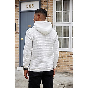 COOFANDY Men's Casual Hoodies Sweatshirt Hipster Gym Long Sleeve Drawstring Plaid Jacquard Pullover Hooded White