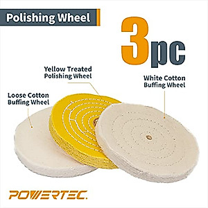 POWERTEC 71631 6 Inch Bench Grinder Buffing Wheel Kit w/ 3pcs Polishing Compound Set Including Black, White, Green Bars and Treated Yellow (40 Ply) Loose Cotton (40 Ply), White Cotton (40 Ply)