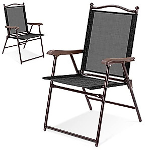 BestComfort Patio Folding Chairs Set of 2, Portable Sling Chairs with Armrest Metal Frame, Indoor Outdoor Lawn Chairs, Folding Chairs for Yard Garden Poolside Beach Camping, No Assembly, Black