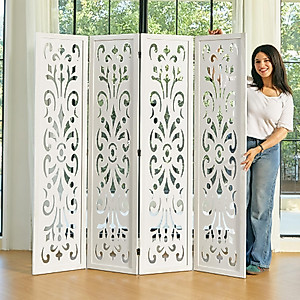 5.6Ft Room Divider Folding Wood Classical Carved Partition Screen for Home Office Garden - 4 Panels (White)