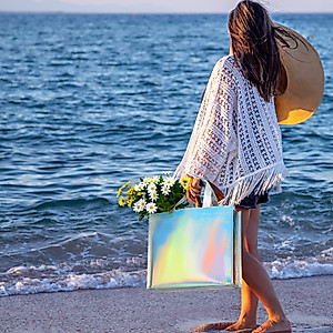 Tondiamo 12 Pcs 12 x 10 x 4 Inch Non Woven Reusable Handled Gift Bags Thickened Hemming Holographic Gift Bags Glossy Welcome Bags for Shopping Birthday Party Wedding, Dazzling Color