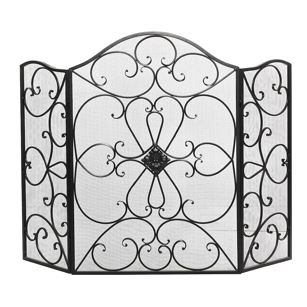 Deco 79 Metal Scroll Foldable 3 Panel Fireplace Screen with Mesh Netting, 49" x 1" x 36", Black