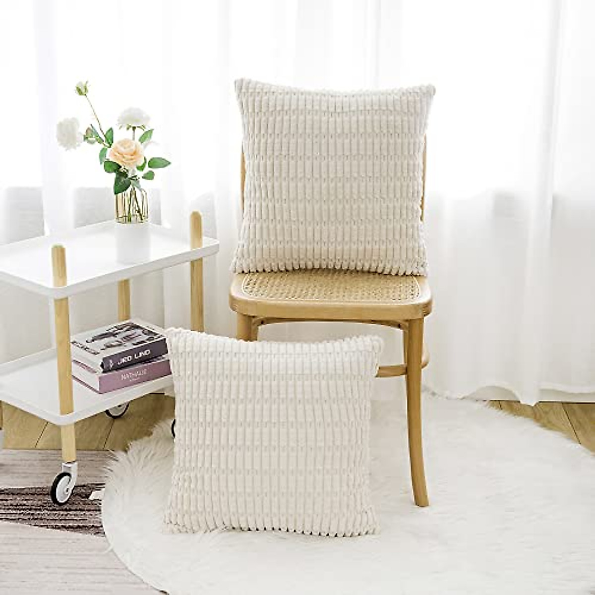 Qidordour Throw Pillow Covers, 18x18 inch, Pack of 2 Couch Pillows Cover, Soft Corduroy Decorative Pillow Covers, Square Pillowcase for Bed Sofa Chair Car Bedroom Home Boho Farmhouse Decor, Cream