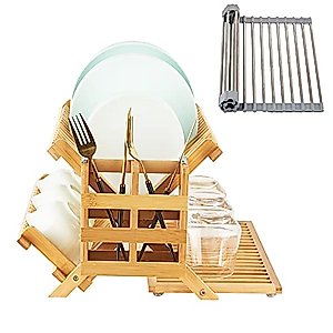 WORTHUG Bamboo Dish Drying Rack Set, 3-Tier Collapsible Bamboo Drainer Dish Drying Rack with Utensil Holder ,Multipurpose Roll-Up Dish Drying Rack