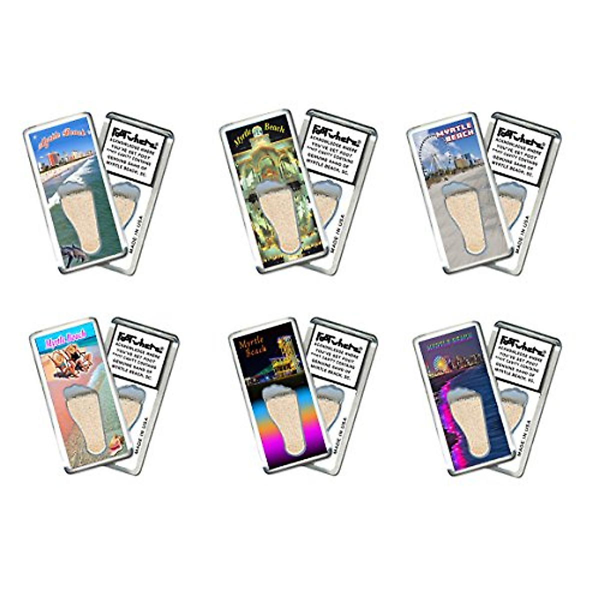 Myrtle Beach FootWhere Magnet (MBSC201 - Beachfront). Authentic Destination Souvenir acknowledging Where You've Set Foot. Genuine Soil of Featured Location encased Inside Foot Cavity. Made in USA