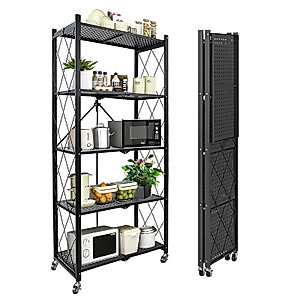 HPONQIONE 5-Tier Heavy Duty Foldable Metal Rack Storage Shelving Units 28" W x 14" D x 65" H for Kitchen Bakers Closet, Metal Wire,with Wheels Moving Easily