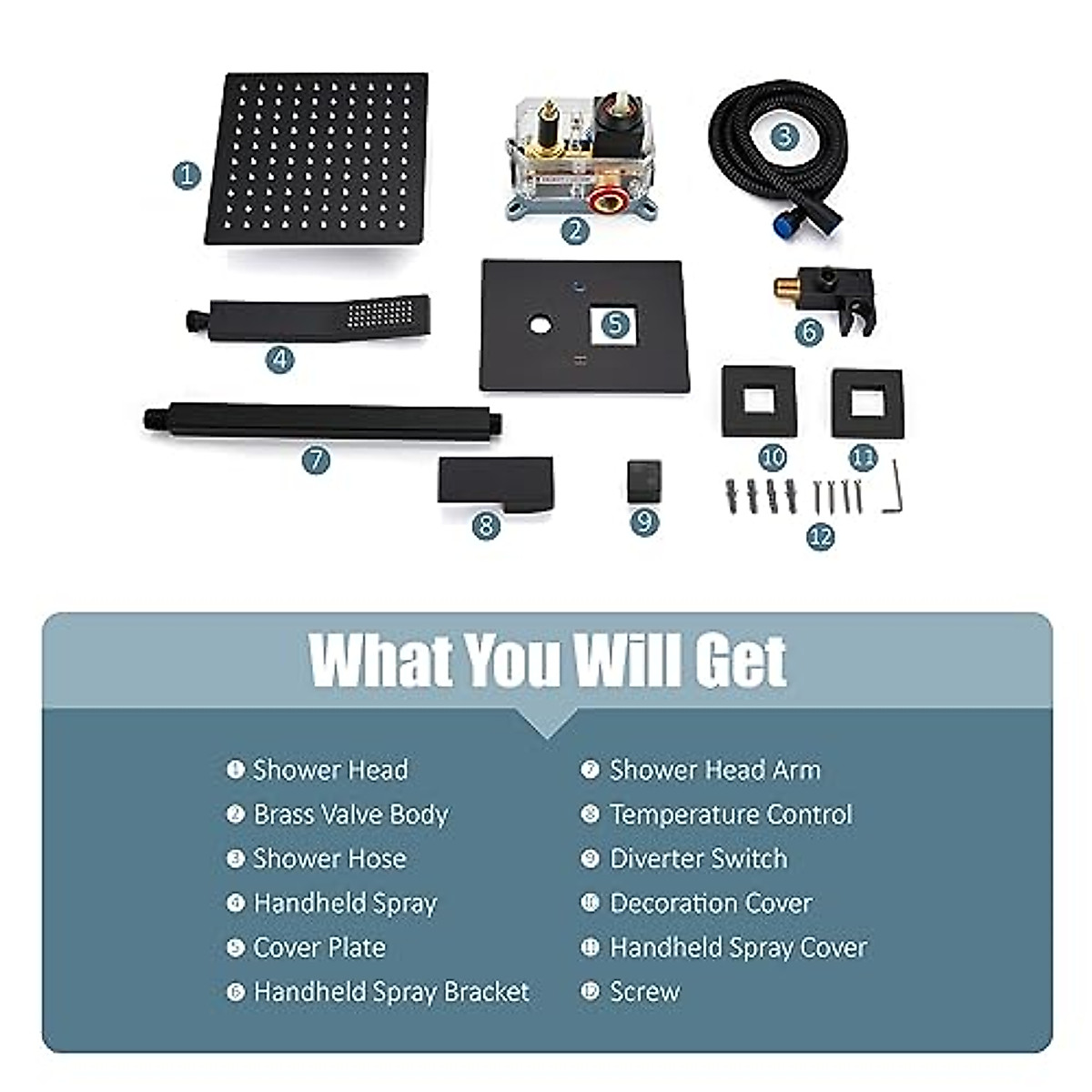 Aolemi Ceiling Mount Shower System, 12 Inch Rain Shower Head with Handheld Spray High Pressure Shower Faucet Set Rough-in Valve and Shower Trim Included Bathroom Matte Black Square Knob