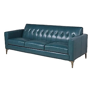 MAKLAINE 86" Top Grain Genuine Leather Tufted 3 Seater Sofa, Mid Century Modern Couch with Excellent Craftsmanship, Turquoise