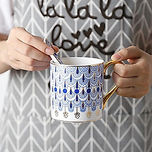 CHOOLD British Style Blue Floral Porcelain Coffee Mug with Golden Handle Spoon - 12oz