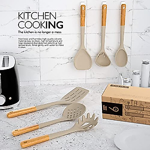 Large Silicone Cooking Utensils - Heat Resistant Kitchen Utensil Set with Wooden Handles, Spatula,Turner, Slotted Spoon, Pasta server, Kitchen Gadgets Tools Sets for Non-Stick Cookware (Khaki)