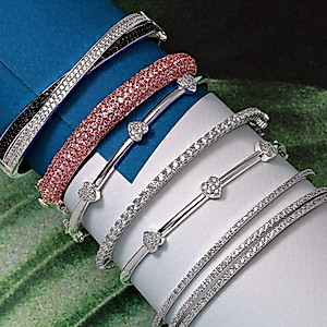 Classic Fashion Bridal AAA Cubic Zirconia Princess Cut CZ Eternity Tennis Stackable Bangle Bracelet For Women, Prom, Wedding Silver Plated 7-7.5 Inch