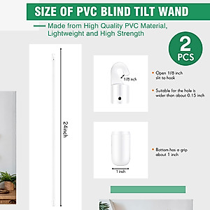 Bokon 2 Pieces PVC Blind Wand White Vertical Blinds Rod Replacement Parts Blind Wand with Hook and Handle Blind Opener Stick Curtain Wand Tilt Rod for Windows Accessory (24 Inch)