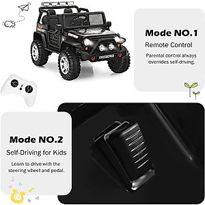 Costzon 2-Seater Ride on Truck, 12V Battery Powered Electric Vehicle w/Remote Control, 2 Speeds, Spring Suspension, LED Light, Horn, Music/ MP3, 2 Doors Open, Ride on Car for Kids (Black)