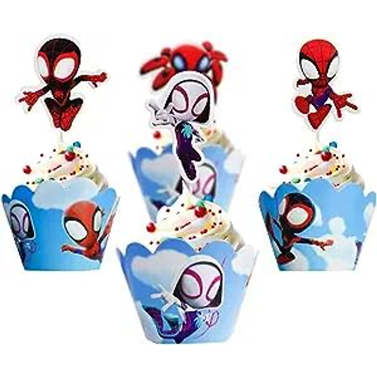 12 Pcs Spider and His Friends Cupcake Decorations, Double Sided Toppers and Wrappers, Superhero Decorations, Boys and Girls Birthday Party Supplies