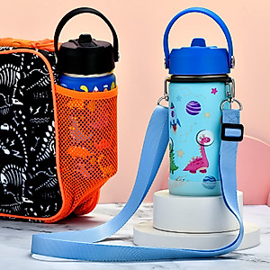 WEREWOLVES 14oz Kids Water Bottle with Straw Lid, Shoulder Strap and Boot - Insulated Stainless Steel, Reusable Leakproof Metal Water Bottles for School (Space Dinosaur (Strap), 14 oz)