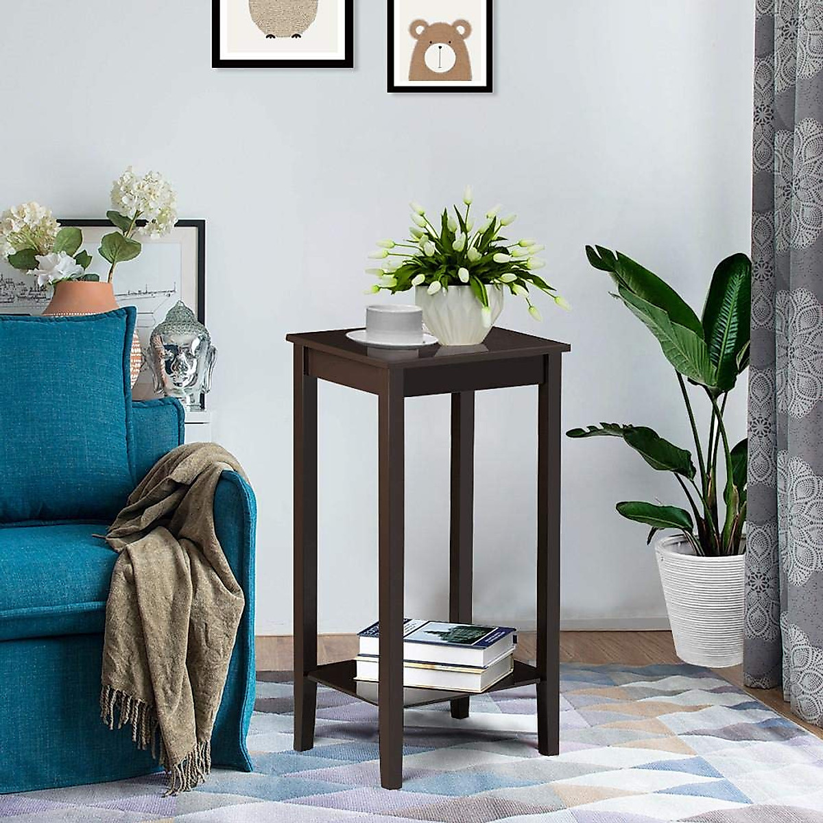 Topeakmart 2-Tier Tall End Table with Storage Shelf and Solid Wood Legs, Sofa Side Table Telephone Table for Living Room/Couch/Hallway/Small Spaces, D12xW15xH29 Inches, Dark Coffee