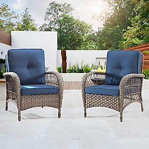 MeetLeisure Wicker Patio Chairs Set of 2 - Outdoor Rattan Chairs with Handmade PE Wicker & Olefin Fabric Cushions, Patio Rattan Chairs, Cushions Included(Mixed Grey/Blue)