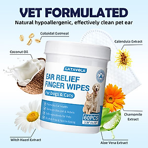 LATAVOLA Dog Ear Cleaner Wipes - Widen Ear Finger Wipes for Dogs & Cats, Remove Ear Wax, Debris, Relieve Ear Itching & Inflammation with Aloe and Calendula