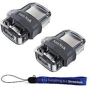 SanDisk Ultra (Two Pack) Dual Drive m3.0 for Android Devices and Computers Flash Drive Bundle with Everything But Stromboli Lanyard (128GB 2 Pack)
