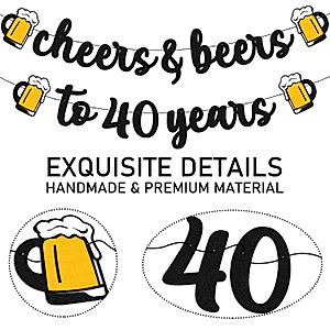 40 Birthday Banner Cheers to 40 Years Decorations for Men Women Him Her Happy Forty Birthday Anniversary Party Supplies Black Glitter PRESTRUNG