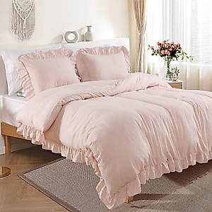 Fashionwu Duvet Cover Queen Size, Microfiber Ruffled Duvet Cover Set Soft and Breathable Queen Duvet Cover Set for All Season 3 Pieces (1 Duvet Cover, 2 Pillowcases), Pink