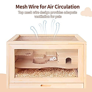 Kaiyopop Hamster Cage Large Wooden Hamster Cages and Habitats, Natural Wooden Hamster House (23.6" L X 15.7" W X 15.7”H) Acrylic Hamster Cage Small Animal Habitat for Rabbits, Guinea Pig, Chinchilla