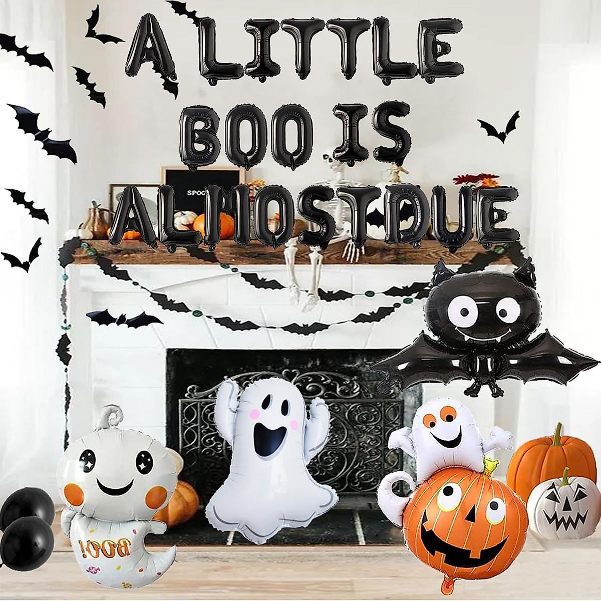 Halloween Baby Shower Party Decorations with A Little Boo is Almost Due Baby Shower Foil Balloon Banner Halloween Ghost and Bat Foil Balloons for Halloween Themed Baby Shower Birthday Party Decor