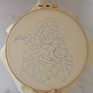 Embroidery Starter Kit for Adults Beginners with Sleepy Cat Green Plant Leaves Pattern Stamped Cross Stitch Set with Embroidery Cloth Hoop Needles Threader Colorful Floss and Instruction