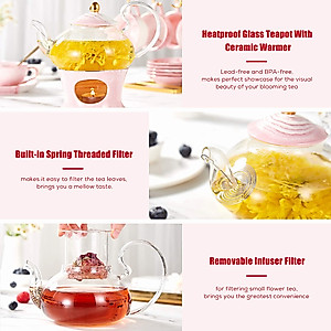 DUJUST 21 pcs Small Tea pot Set of 6, Fine Porcelain, Pink Marble Texture with Handcraft Golden Trim for Girls&Women, 1 Glass Teapot(22oz), 6 Cups(4oz), 6 Saucers, 6 Spoons, 1 Shelf&1 Warmer…