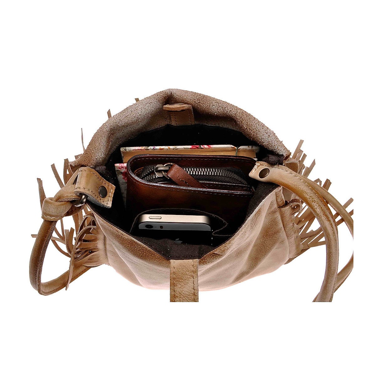 ZLYC Women Bohemian Dip Dye Leather Fringe Bag Pouch Tribal Tassel Cross Body Bag Purse, Khaki