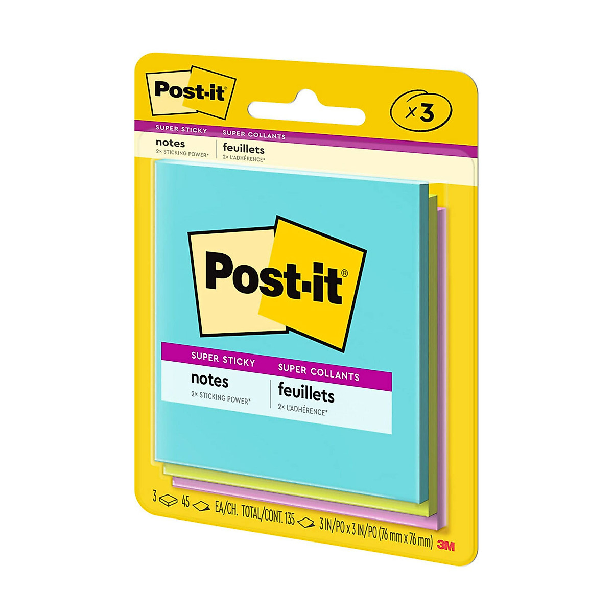 Post-it Super Sticky Notes, 3x3 in, 3 Pads, 2x the Sticking Power, Supernova Neons, Bright Colors, Recyclable (3321-SSMIA)