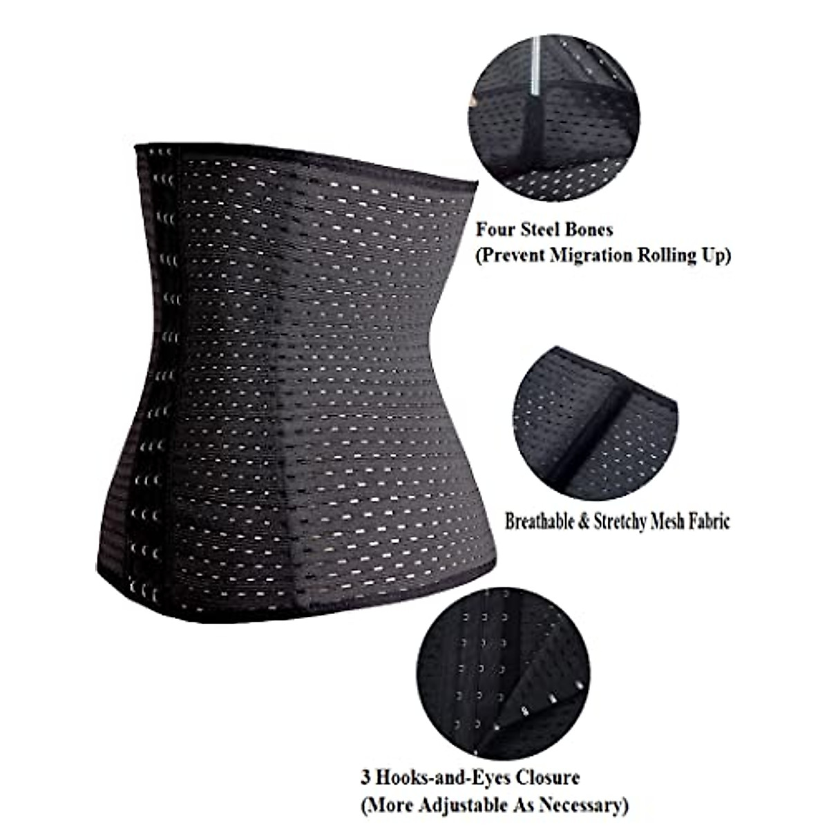 Youloveit Women's Waist Trainer Corset for Everyday Wear Steel Boned Tummy Control Body Shaper with Adjustable Hooks(Black,L)