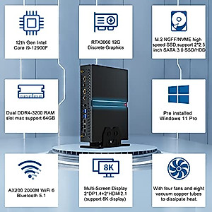 msecore Mini Gaming PC, Desktop Computer with Powerful i9-12900F 16 Cores Upto 5.1GHz, RTX3060 12G Graphics Card, 64G RAM 2T PCIE 4.0 SSD, Dual NIC, Optical, Four Display, WiFi 6, Windows 11 Pro