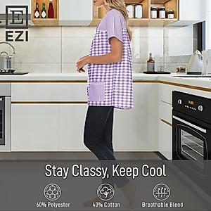 Ezi Women's Snap Front Short Sleeve Gingham Shift Seersucker Housecoat Apron Shirt Blue