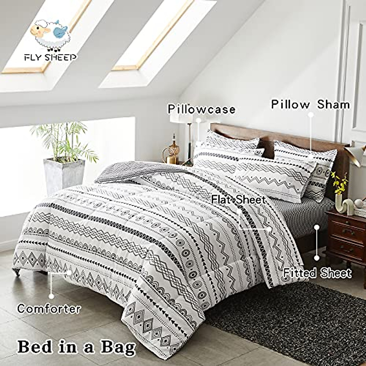 Flysheep Boho Bed in a Bag 7 Pieces Queen Size, Black and White Bohemian Geometric Reversible Bed Comforter Set for All Season(1 Comforter, 1 Flat Sheet, 1 Fitted Sheet, 2 Pillow Shams, 2 Pillowcases)