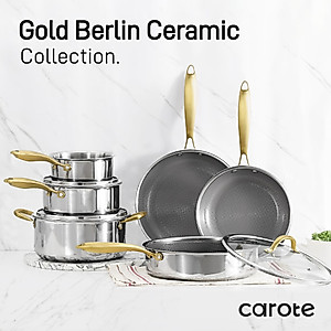 CAROTE Ceramic Tri-Ply Stainless Steel Cookware Set, 10Pcs Stainless Steel Pots and Pans with Tempered Glass Lids, Stay-Cool Handles, Dishwasher and Oven Safe up to 500°F