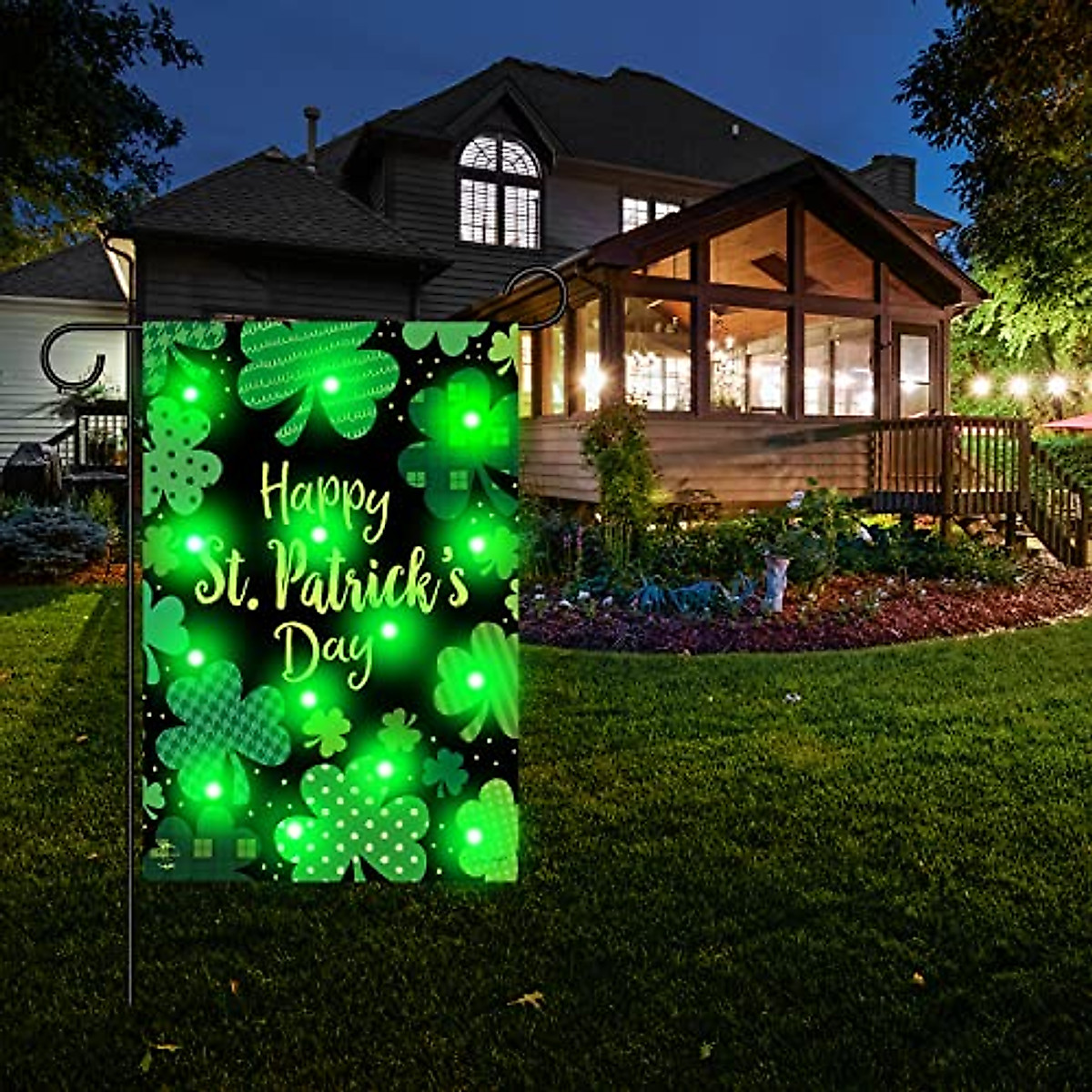 St Patrick's Day Garden Flag with Green Led Lights Good Shamrock Luck Truck Gnome 12 X 18 Inch Double Sided Garden Flag Durable Burlap Shamrock Garden Flag for Lawn Party Outdoor Decorations (Shamrock)