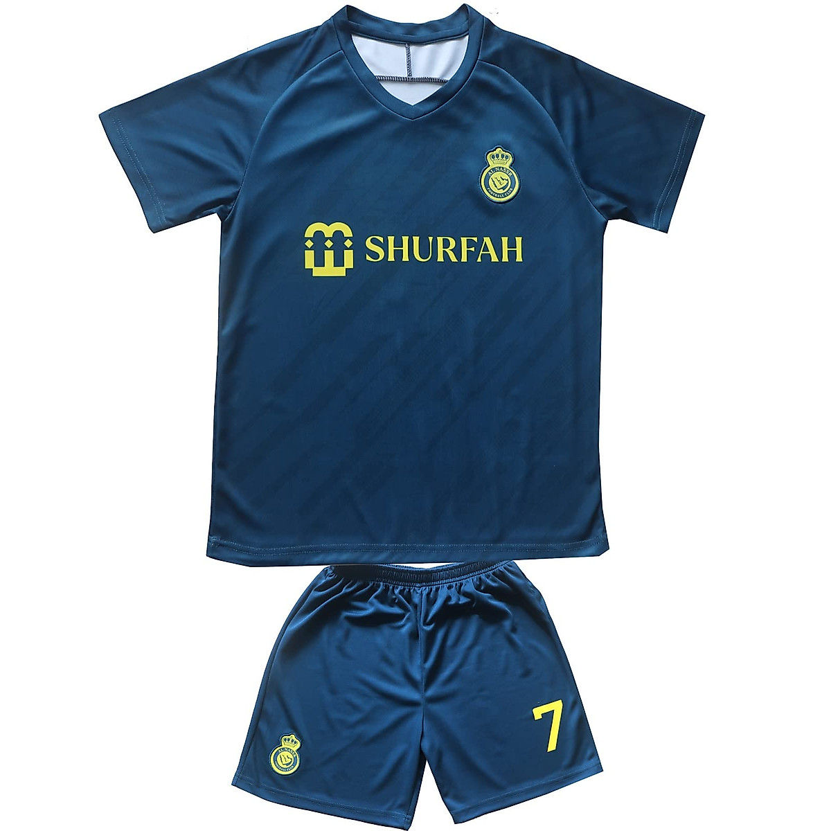 LeenBD Ronaldo No #7 Away Nassr Riyadh Al Kids Soccer Jersey Kit Shorts Socks Set Youth Sizes (Blue, 2-3 Years Old)