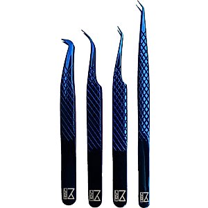 M LASH Tweezers for Eyelash Extensions (Set of 4) - Professional Lash Extension Tweezers - Fiber Tip, Japanese Steel, Diamond Grip Eyelash Extension Tweezer (Blue)