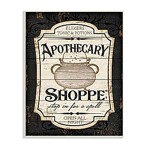 Stupell Industries Apothecary Shoppe Spooky Halloween Sign Witch Potion Cauldron, Designed by Jennifer Pugh Wall Plaque, 10 x 15, Black