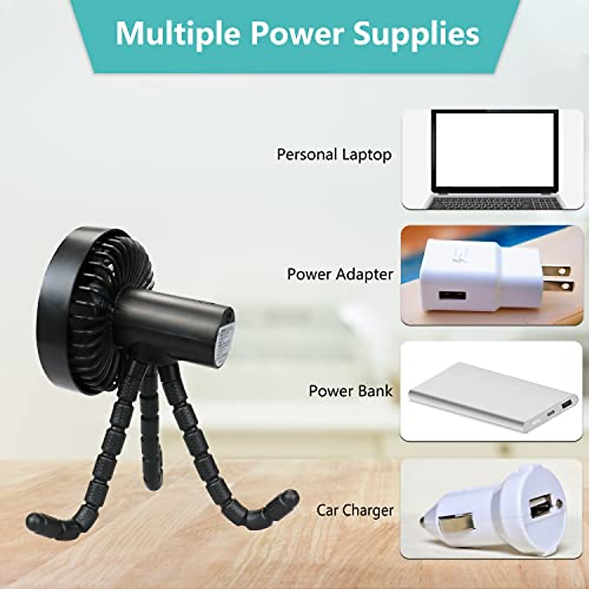 ANBOVES Portable Stroller Fan Battery Operated Mini Handheld Personal USB Fan, Flexible Tripod Clip On Fan with 3 Speeds for Car Seat Crib Bike Camping