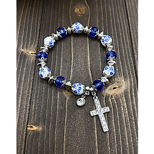 Nazareth Store Handmade Crystallized Glass Beads Cross Bracelet with Ceramic Flower Beads Religious Christian Bangle for Women and Men (Blue)