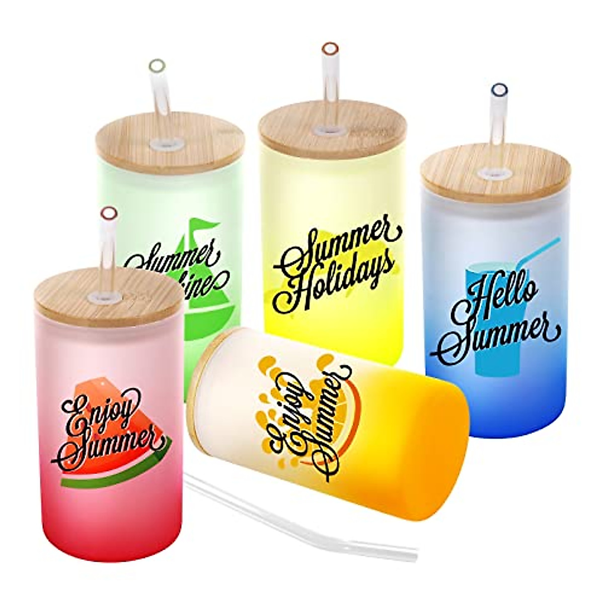 Stamp colour Sublimation Glass Cans Blanks Straight Skinny Tumbler 16 OZ Colorful 5 pcs With Bamboo Lid and Clear Glass Straw for Mug Tumbler Heat Press Machine Iced Coffee,Juice,Soda,Drinks