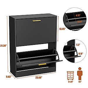 NOVAMAISON Shoe Cabinet for Entryway Slim, Black Narrow Hidden Shoe Storage Cabinet, 2 Flip Drawers Shoe Cabinet, Freestanding Shoe Organizer Cabinet for Hallway