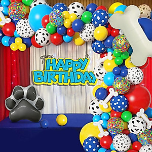 Amandir 155pcs Paw Balloons Garland Arch Kit, Dog Bone Paw Print Foil Balloons Red Yellow Blue Green Paw Balloon for Puppy Paw Themed Boy Birthday Party Decorations Supplies