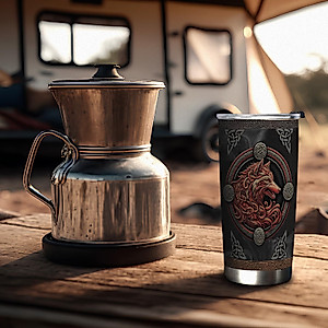 20oz Viking Celtic Fire Wolf Tumbler, Norse Mythology, Viking Gifts for Men, Coffee Thermos for Men, Stainless Steel Double Wall Vacuum Insulated Coffee Mug, Travel Cup with Lid
