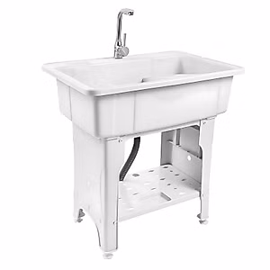 Utility Sink Laundry Tub, Freestanding Utility Sink,With Hot and Cold Faucet, Valves Drain Pipe, Heavy Duty Slop Sinks For Washing Room, Basement, Garage or Shop, Large Free Standing Wash (White)
