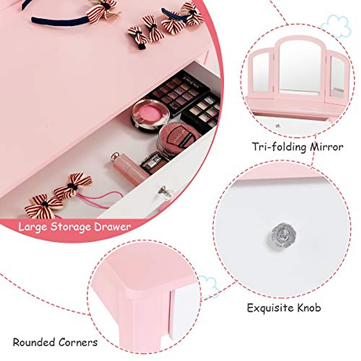 KOTEK Kids Vanity Set w/Tri-Folding Mirror, Princess Makeup Dressing Table w/Detachable Top & Drawer, 2-in-1 Vanity Table and Chair Set, Pretend Beauty Play Vanity for Girls (Pink)