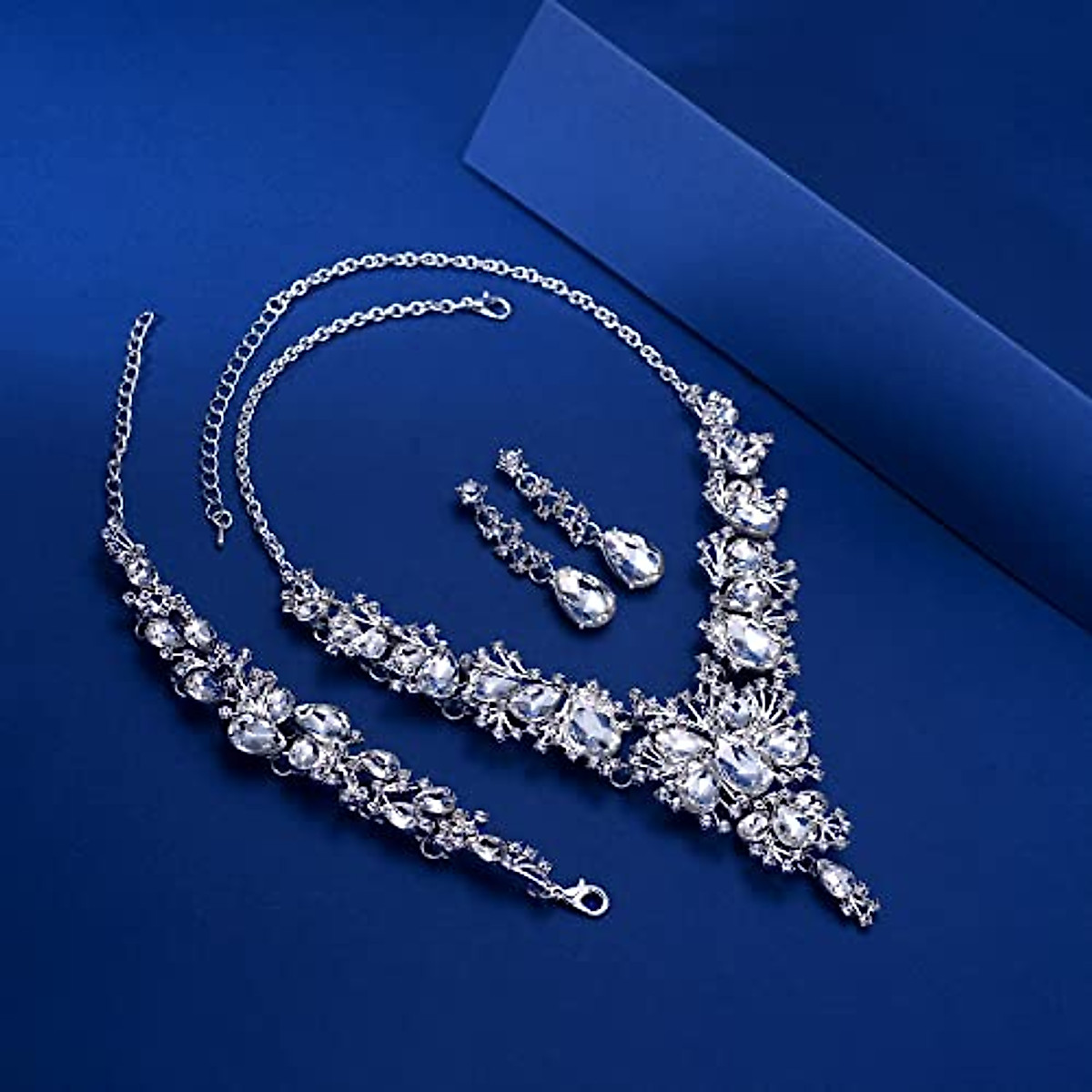 3 Pieces Wedding Bridal Rhinestone Crystal Jewelry Set Statement Necklace Bracelet Teardrop Dangle Earrings Set for Women Girls fit with Bridesmaid Wedding Party Prom Dress Jewelry Set